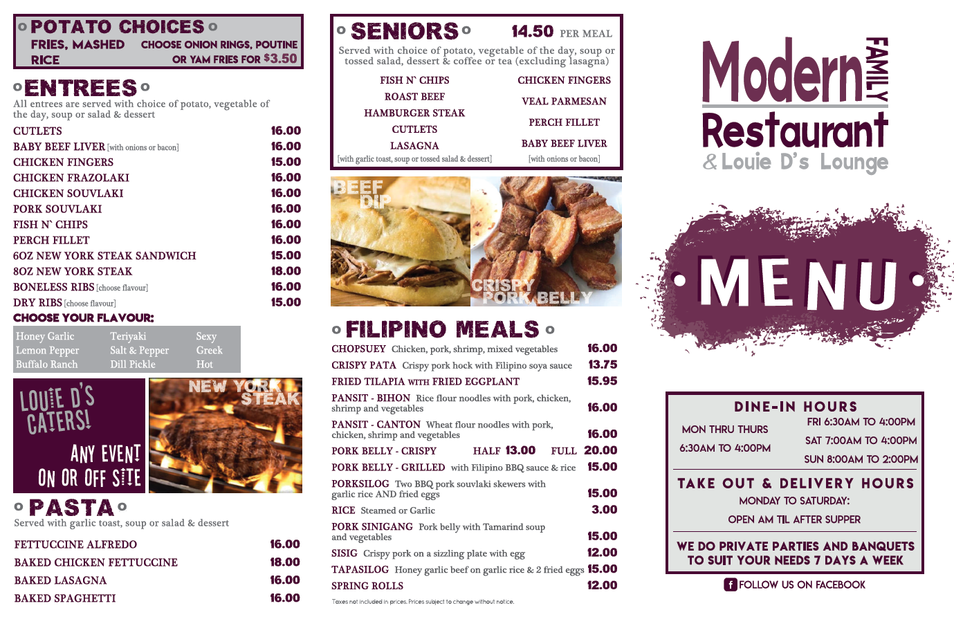 Menu | Modern Family Restaurant Menu | Pizza | Burgers | Swift Current