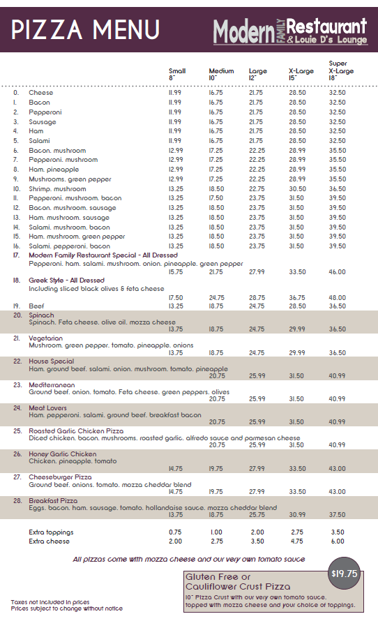 Menu | Modern Family Restaurant Menu | Pizza | Burgers | Swift Current