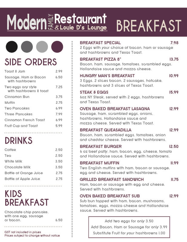 Menu | Modern Family Restaurant Menu | Pizza | Burgers | Swift Current