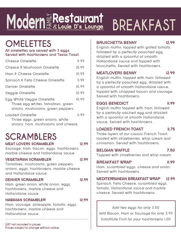 Menu | Modern Family Restaurant Menu | Pizza | Burgers | Swift Current