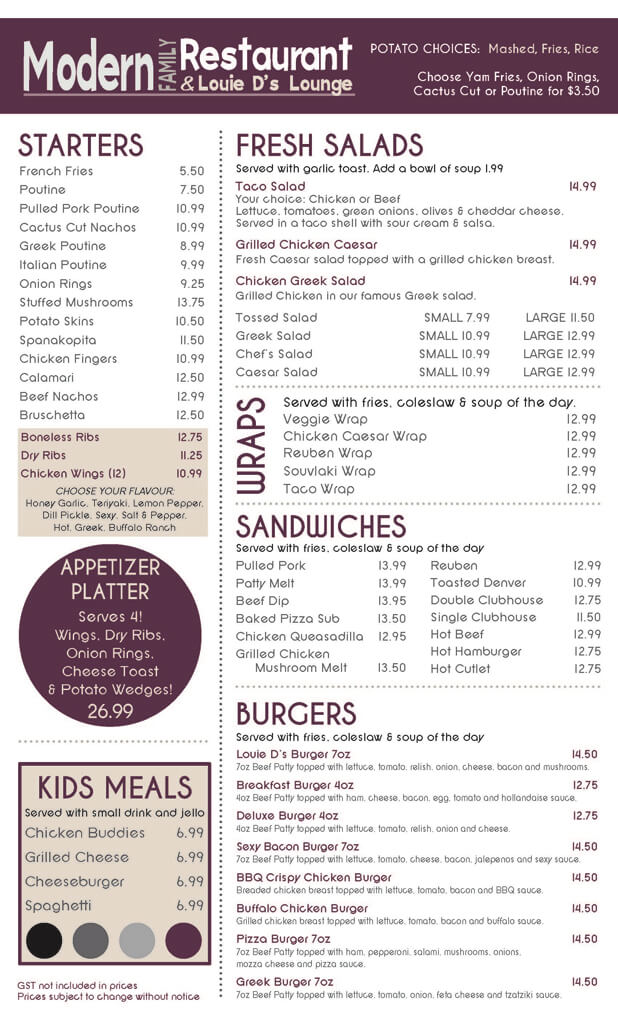 Menu | Modern Family Restaurant Menu | Pizza | Burgers | Swift Current